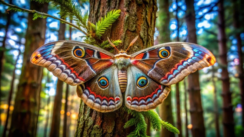 A Vibrant, Large Moth with Iridescent Wings Rests on a Tree Trunk in a ...