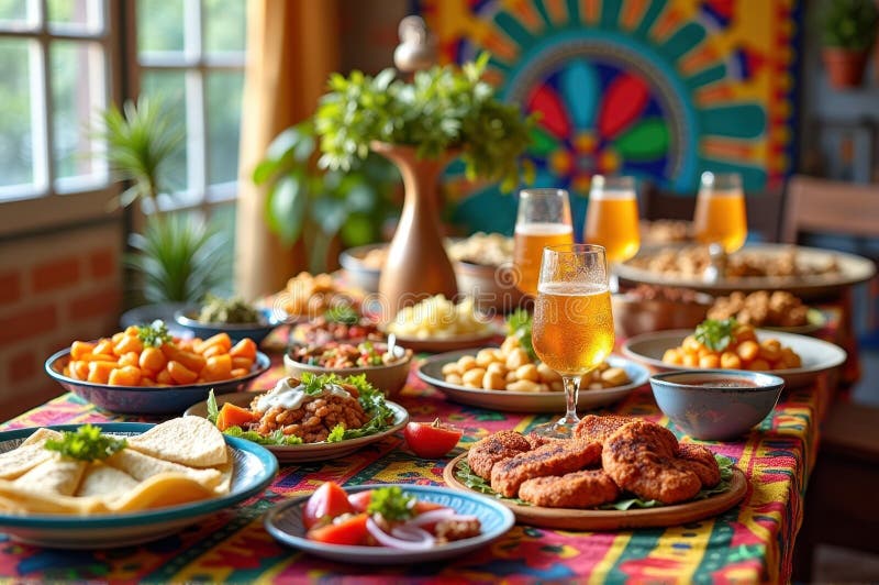 Vibrant Latin American Feast with Assorted Dishes and Drinks on a ...