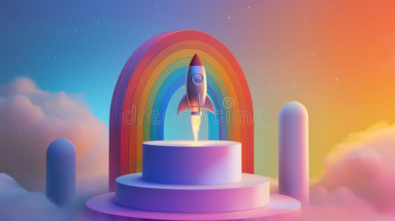 Vibrant Launch of a Rocket with Rainbow Background Stock Photo - Image ...