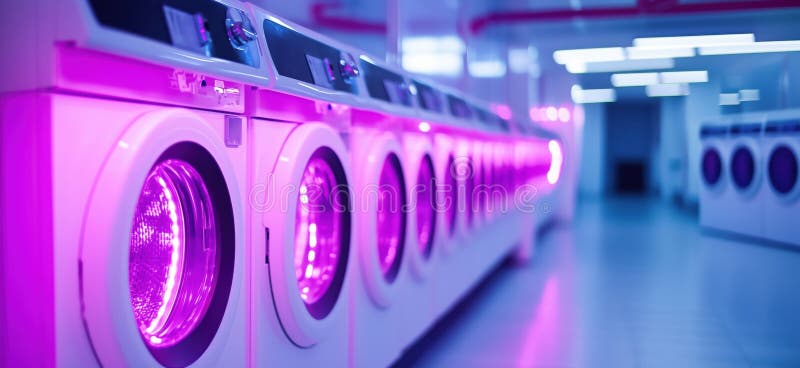 Vibrant Laundromat with Neon Lighting and Modern Washing Machines in a ...