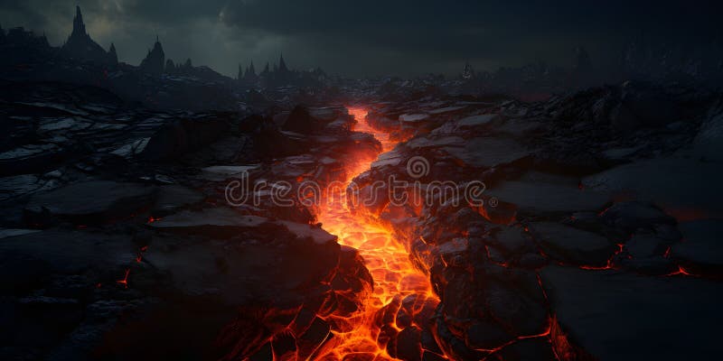 Vibrant Lava Stream Flowing through a Barren Environment. AI-generated ...