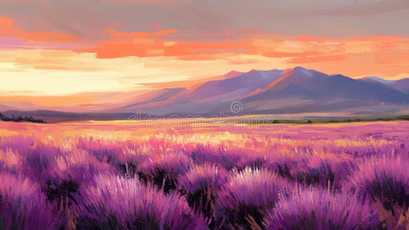 Vibrant Lavender Field at Sunset with Mountain View Stock Photo - Image ...
