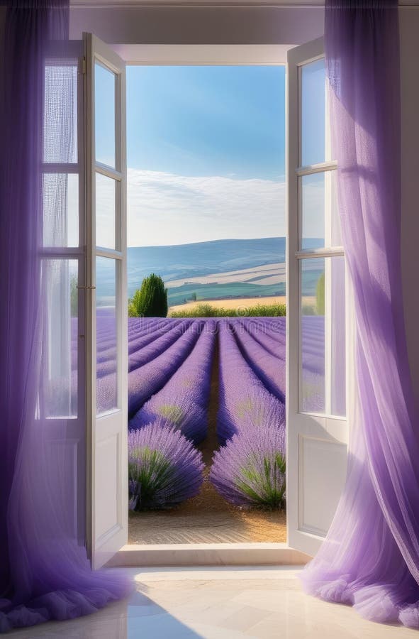 Lavender Fields Viewed from an Open Window with Flowing Curtains on a ...