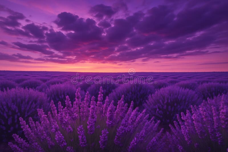 Colorful Lavender Fields Under a Vibrant Purple Sunset with Dramatic ...