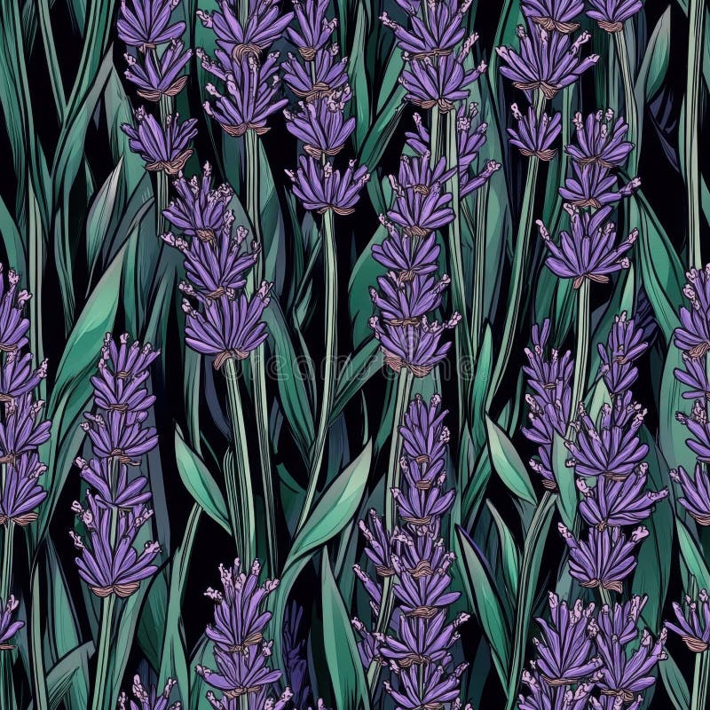 Vibrant Lavender Floral Pattern on Dark Background for Design Stock ...