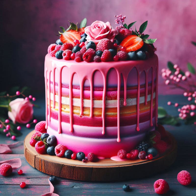 Vibrant Layered Cake with Dripping Icing and Fresh Berries Stock ...