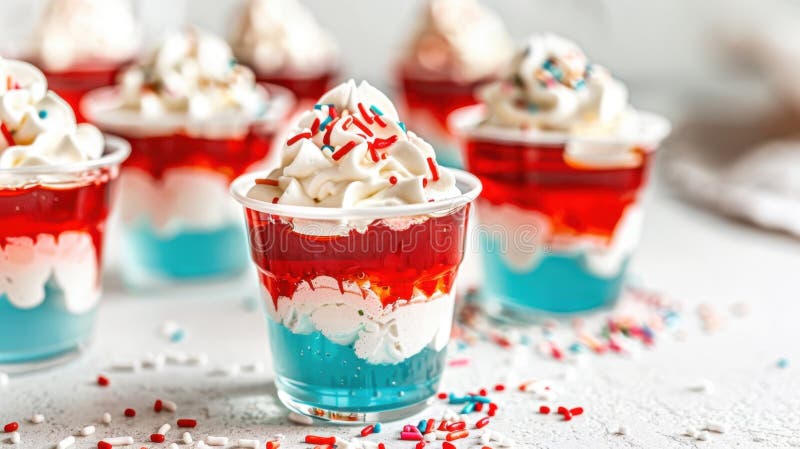 Vibrant Layered Rainbow Jello Cups with Whipped Cream Topping Stock ...