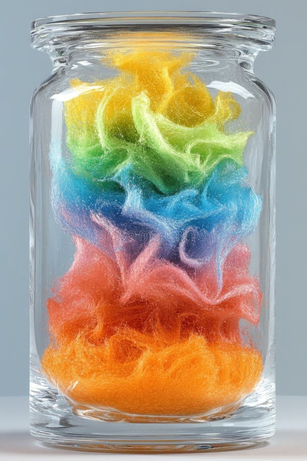 Vibrant Layers of Colored Textiles in Glass Jar Displaying Rainbow ...