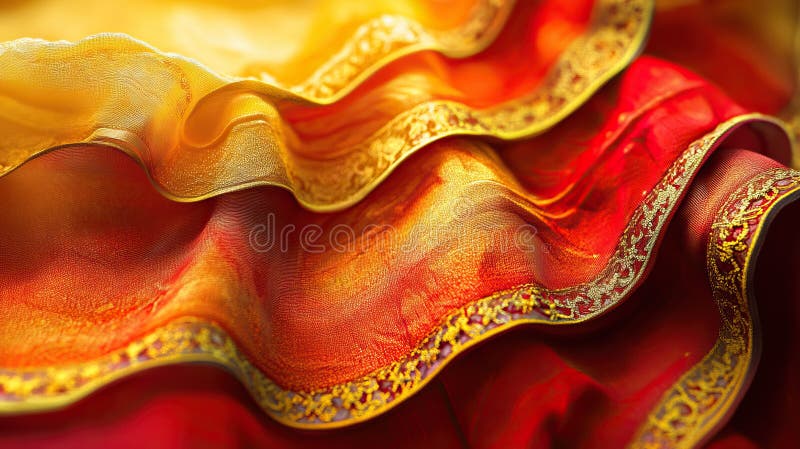 Vibrant Layers of Red and Yellow Fabric with Gold Trim Stock ...