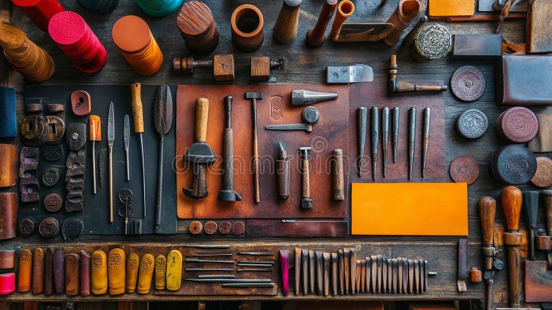 A Vibrant Leather Tooling Station with Stamping Tools, Hammers, and ...