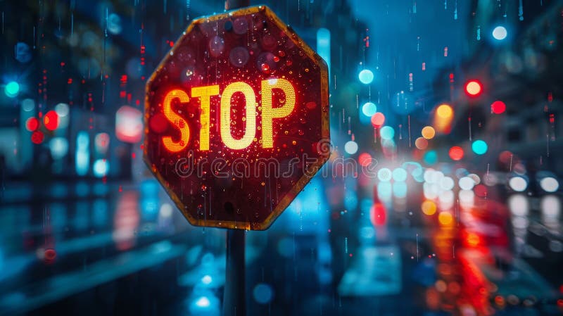 Vibrant Led Illuminated Stop Sign in Rainy Cityscape a Dramatic Close ...