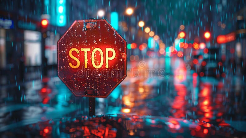 Vibrant Led Illuminated Stop Sign in Rainy Cityscape a Dramatic Close ...