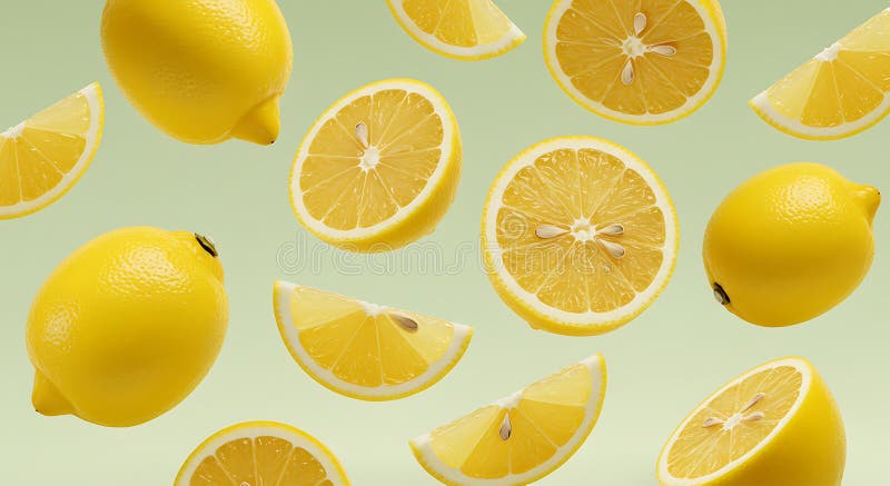 Vibrant Lemon Array: Sliced Citrus Floating on Pale Green Background ...