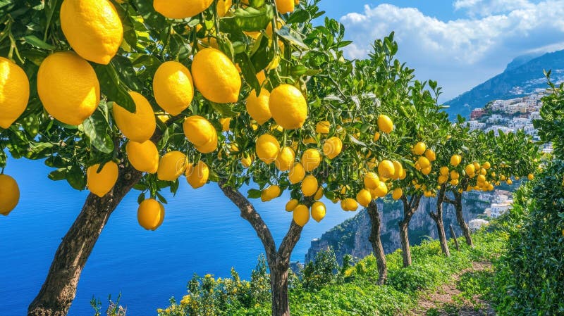 Vibrant Lemon Orchard Overlooking Mediterranean Sea Stock Photo - Image ...