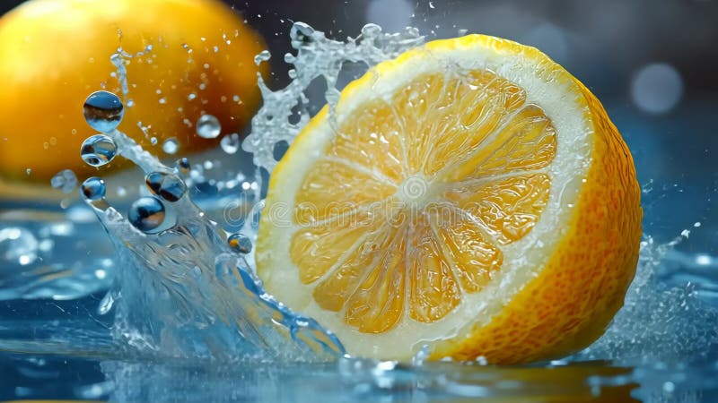 Juicy Lemon Slice Creates Splash in Clear Water with Vibrant Colors and ...