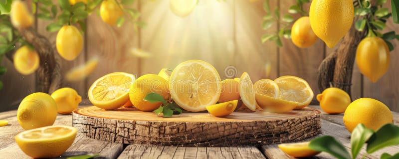 A Vibrant Lemon-themed Podium Setup with a Wooden Podium Surrounded by ...