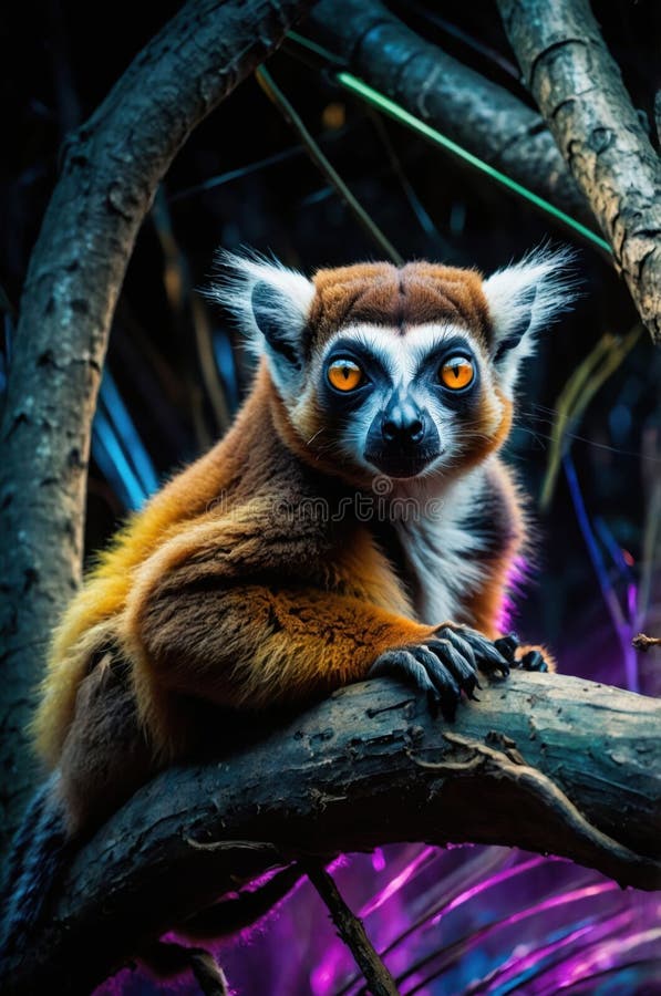 Red Ruffed Lemur Close Up Portrait in Dark Background Stock ...