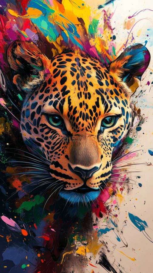 Vibrant Leopard Face with Abstract Splashes, Wildlife Art Concept Stock ...