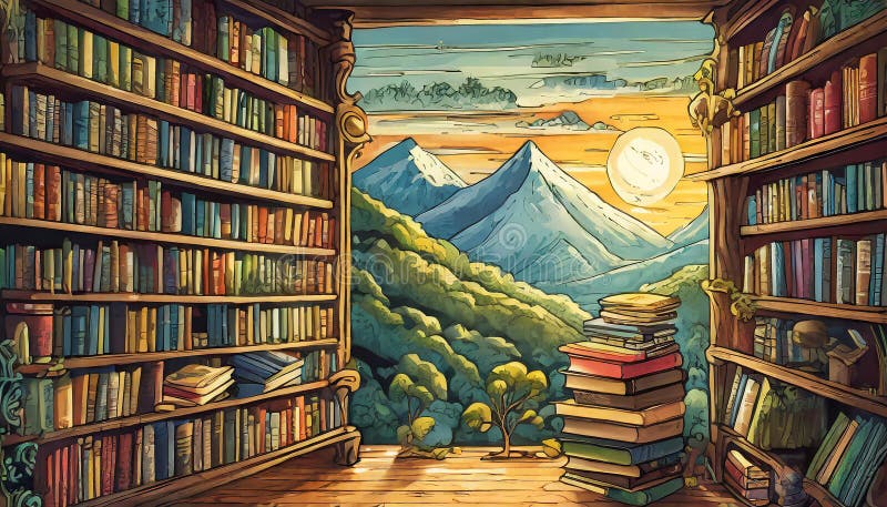 Vibrant Library with Large Window, Mountain View, and Open Book on ...