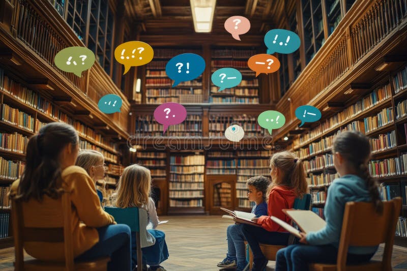 Children Gather in a Library, Surrounded by Colorful Speech Bubbles ...