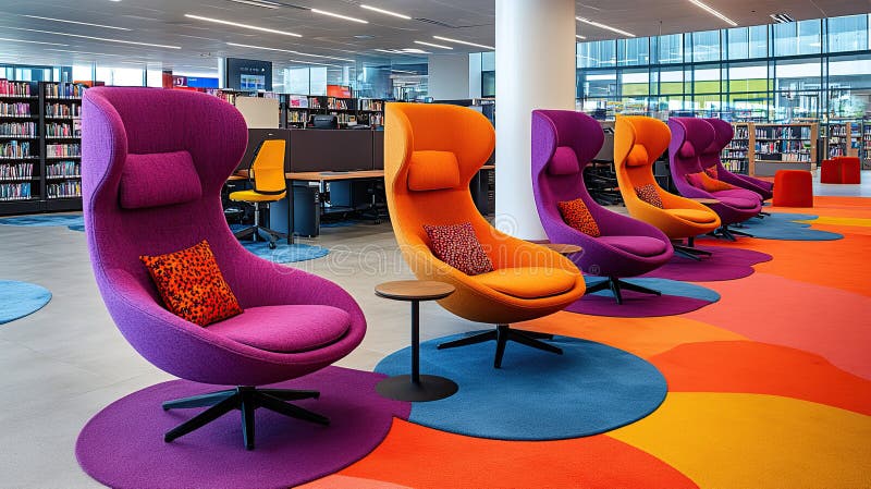 Vibrant Library Seating Area with Colorful Chairs and Modern Design ...