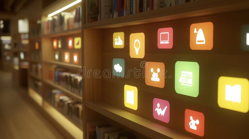 A Vibrant Library Wall with Glowing Educational Tools and Inspiring ...