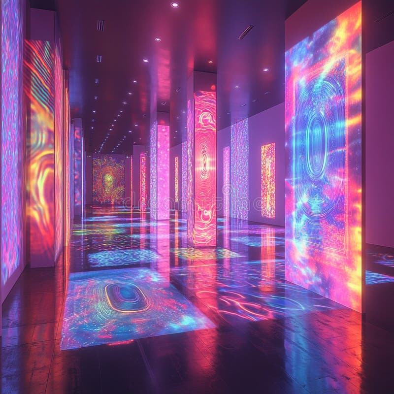 Vibrant Light Installations in a Modern Art Gallery Featuring Colorful ...