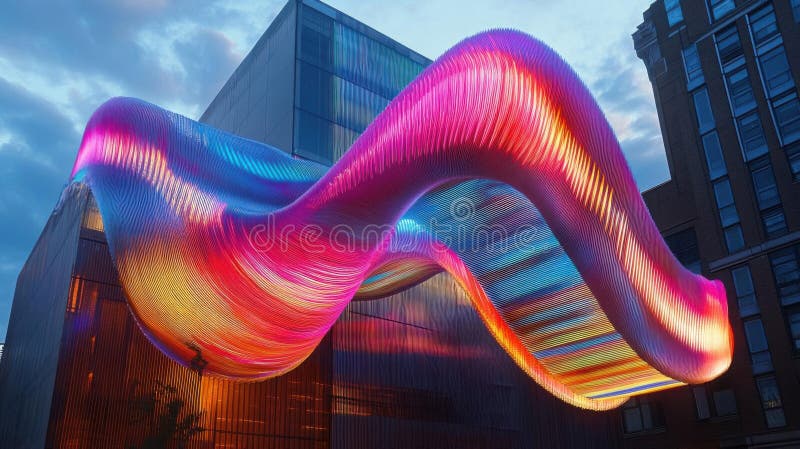 Vibrant Light Sculpture Waves Over Building at Night Stock Illustration ...