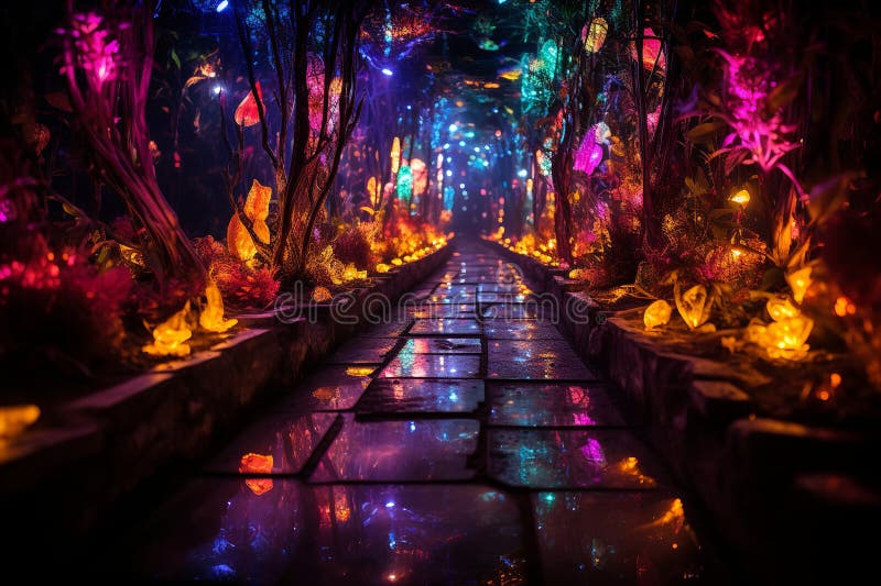 Vibrant Lighted Pathway at Night Stock Illustration - Illustration of ...