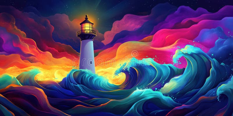 Vibrant Lighthouse Amidst Colorful Waves Dramatic Sky Night Stock ...