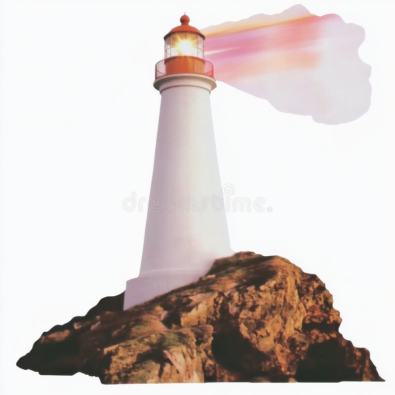 Vibrant Lighthouse with Beam on Rocky Base As Vintage Element Isolated ...