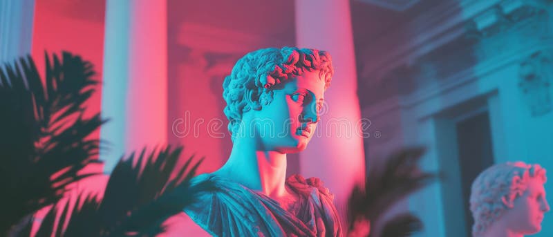 Classical Statues Modern Neon Light Create Striking Visual Contrast ...