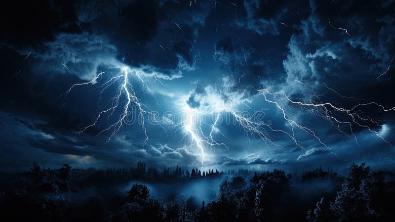 Vibrant Lightning Rays Electrical Charge Thunder in Nights Cloudy Sky ...