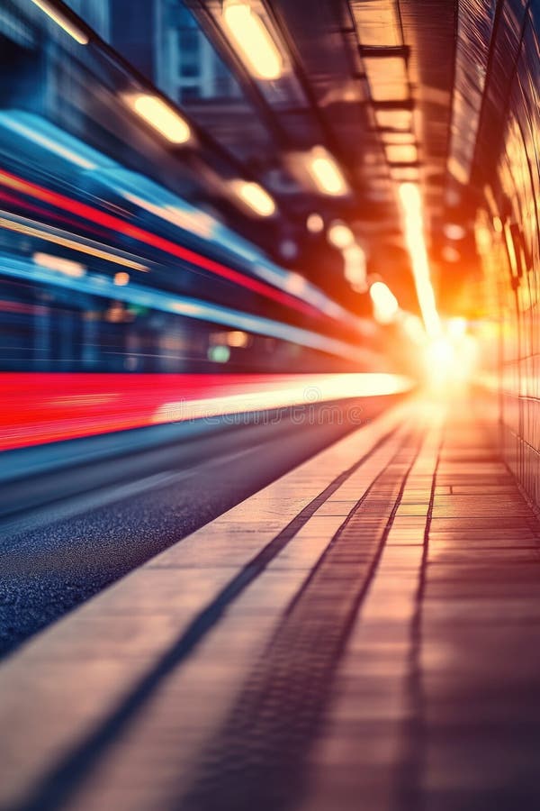 Vibrant Lights and Motion Blur Capturing Urban Train Speed at Sunset ...