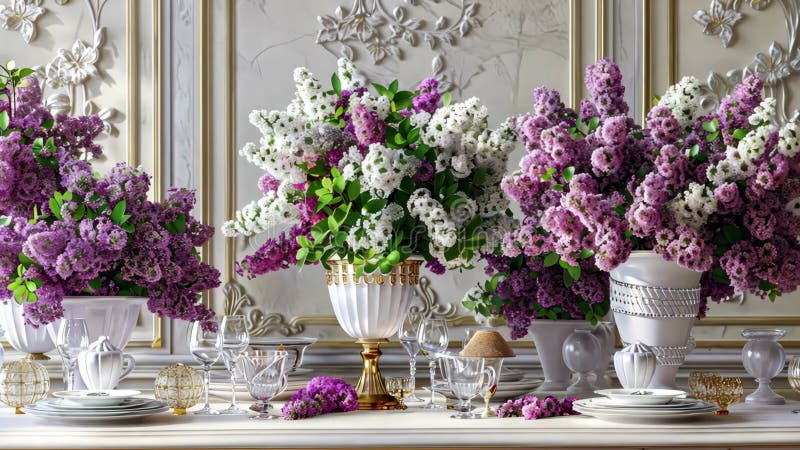 Vibrant Lilac and White Flowers Fill Vases on a Stunning Table Set for ...