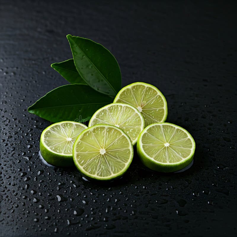 Vibrant Lime Slices with Fresh Leaves on a Dark Background Stock ...
