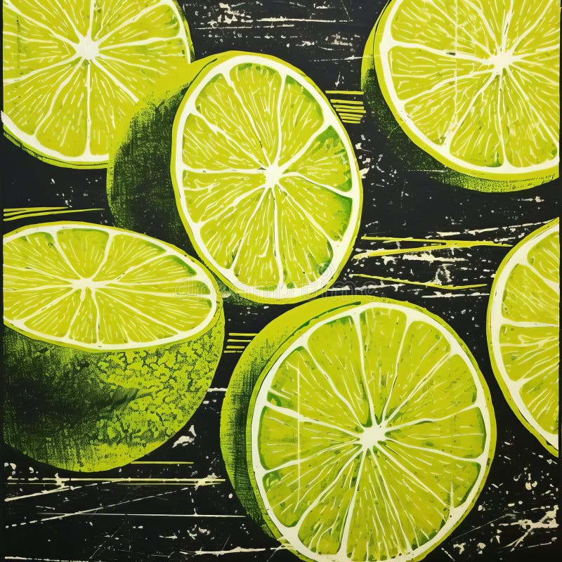Vibrant Lime Slices Printmaking Artwork on Black Background Stock ...
