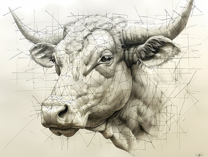 Vibrant Linework Bull Head Art: 3 4 Angle Line Art Sketch of a Charging ...