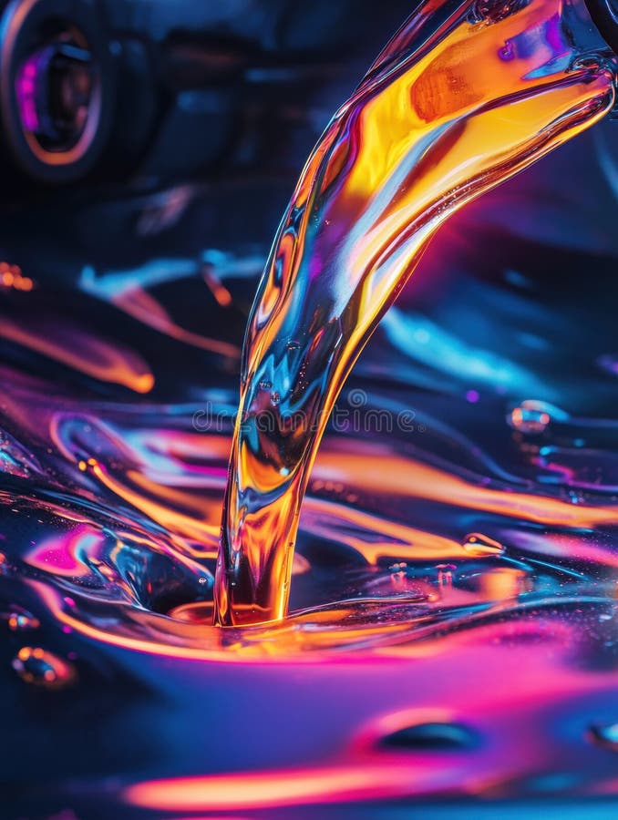 Vibrant Liquid Pours into a Car Engine Creating a Glowing Visual of ...