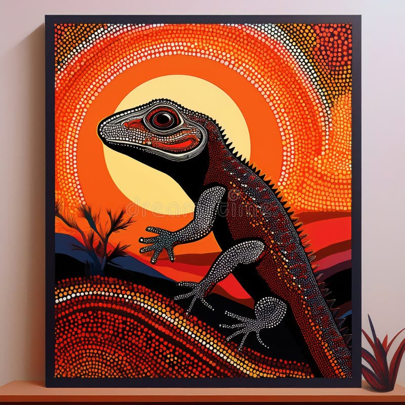 Vibrant Lizard Canvas Print Showcasing Aboriginal Dot Art with a Stunning Sunset Stock ...