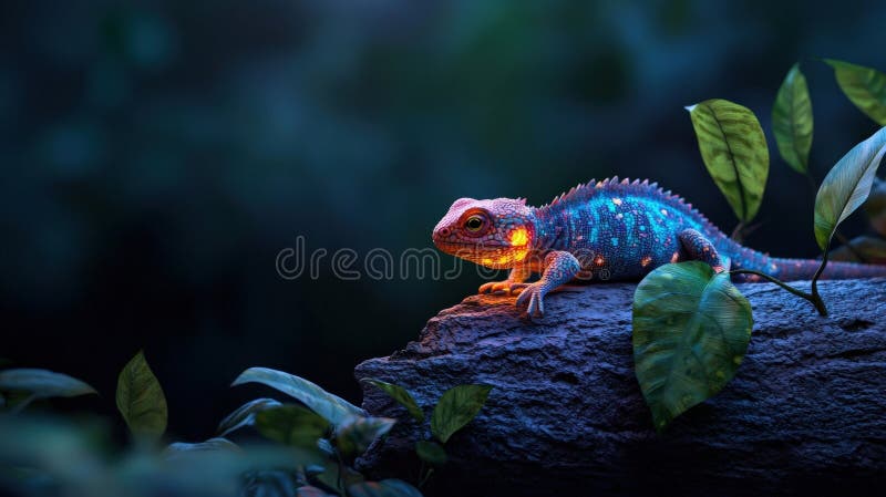 A Vibrant Lizard Rests on a Log Illuminated by Soft Light in a Lush ...