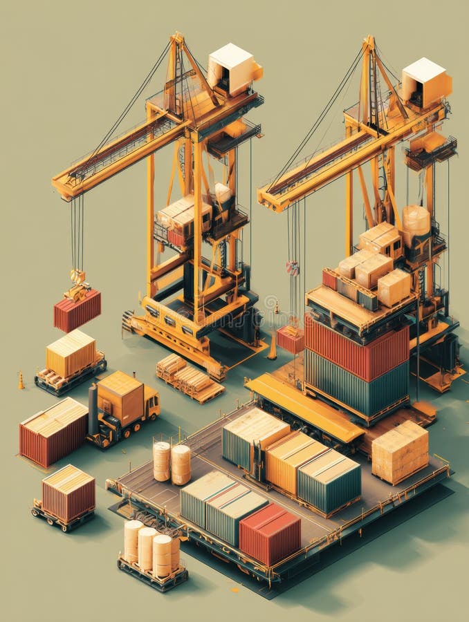Logistics Platform Featuring Cranes and Pallets in an Animated Style ...