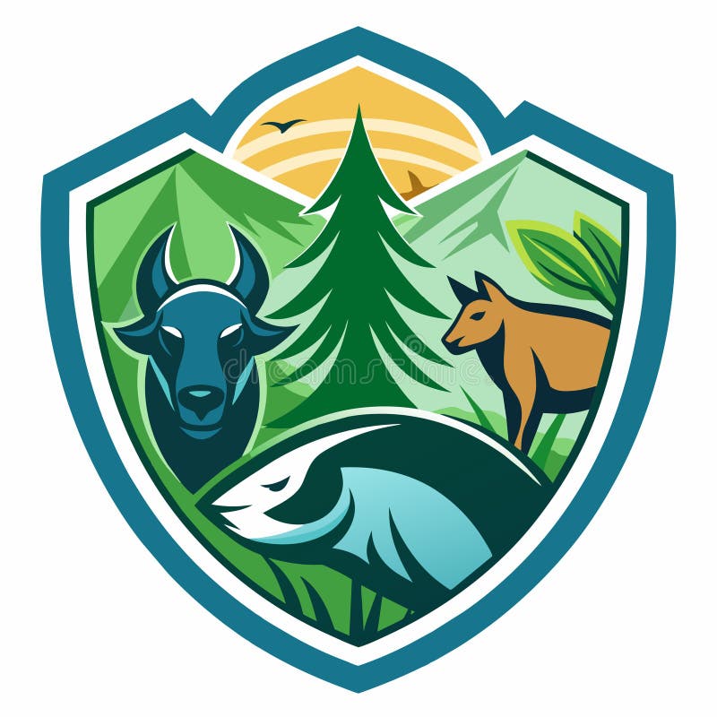 A Vibrant Logo Design Featuring a Shield with a Mountain Scene, a Bull ...