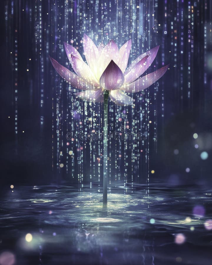 Lotus Flower Illuminated by Vibrant Rainbow Lights with Digital Binary ...