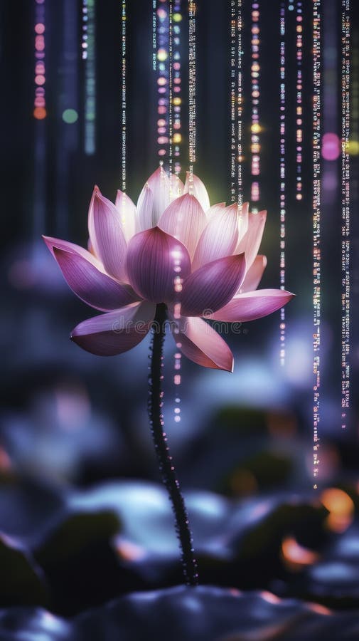 Lotus Flower Illuminated by Vibrant Rainbow Lights with Digital Binary ...