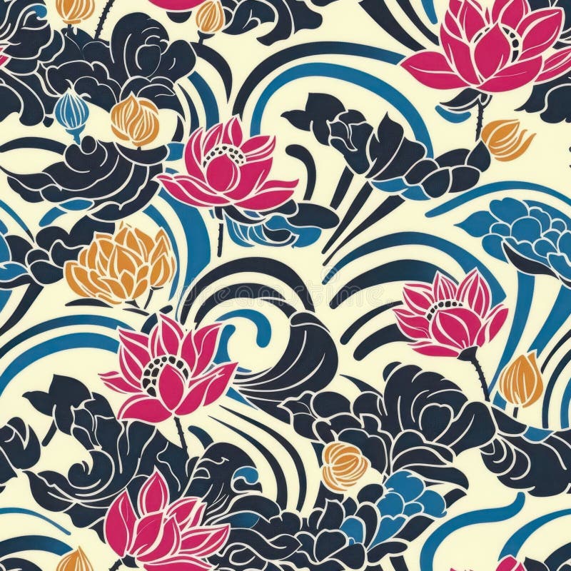 Vibrant Lotus and Waves Pattern Textile Design Stock Image - Image of ...