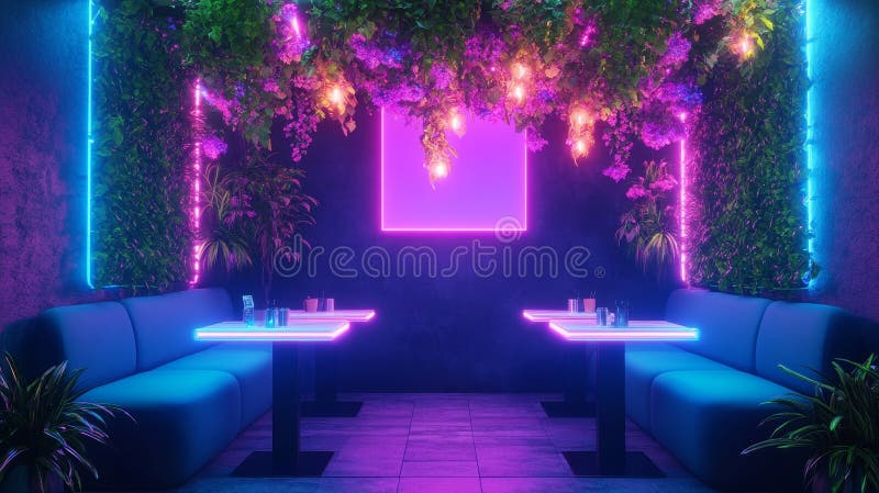 A Vibrant Lounge with Neon Lights, Lush Greenery, and Modern Seating ...