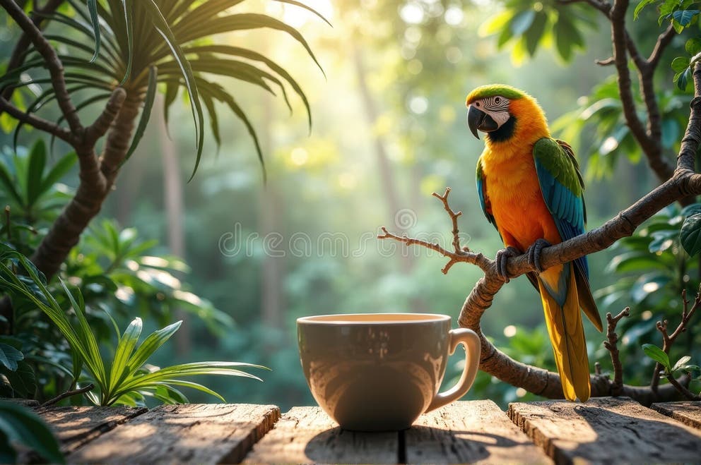 Vibrant Macaw Perched on Branch with Coffee Cup in Sunlit Tropical ...