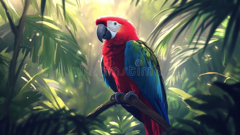 Vibrant Macaw Perched on Branch in Lush Tropical Jungle Stock ...