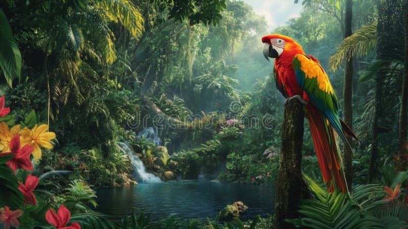 Vibrant Macaw Perched on a Log in Lush Tropical Rainforest Stock ...